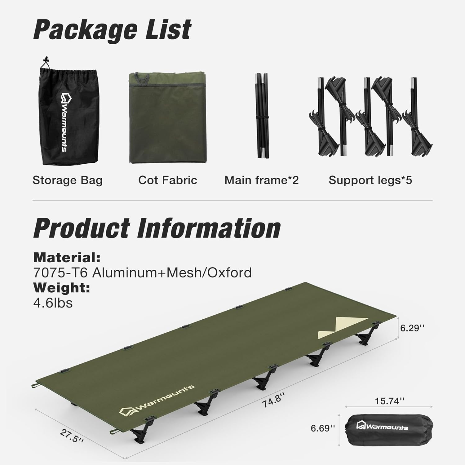 CC59 Camping Cot, 5Leg Folding Storage Bag -WARMOUNTS – Warmounts