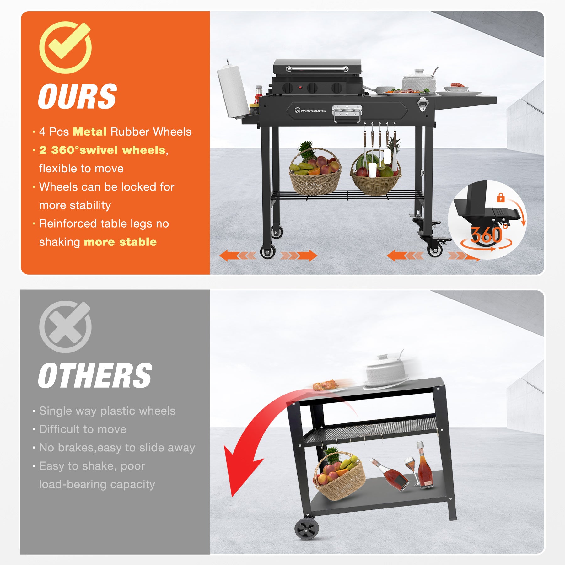 GT1 Grill Table, Portable Cart Adjustable Loading 400 lb - Warmounts